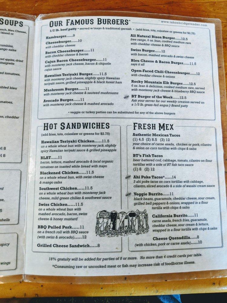 Menu at Bridgetender Tavern and Grill pub & bar, Tahoe City