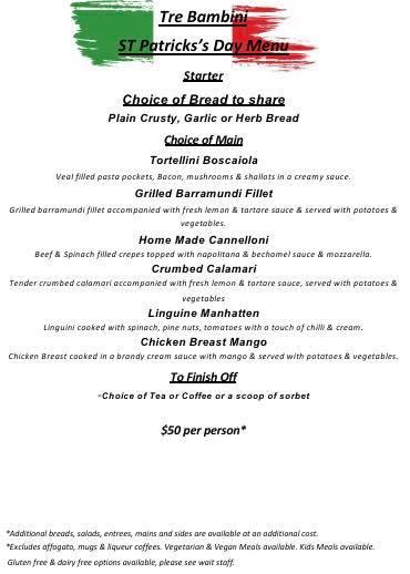 Menu at Tre Bambini Italian & Seafood Restaurant, Berry