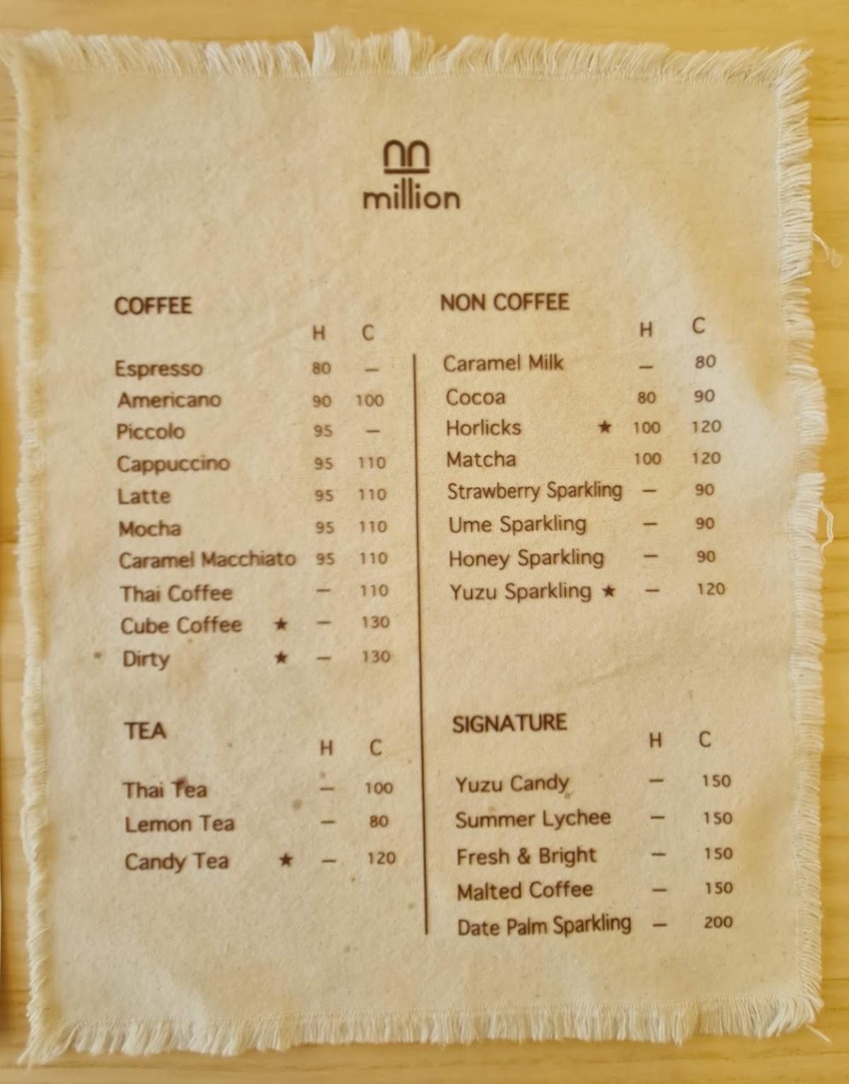 Menu at million cafe, Bangkok