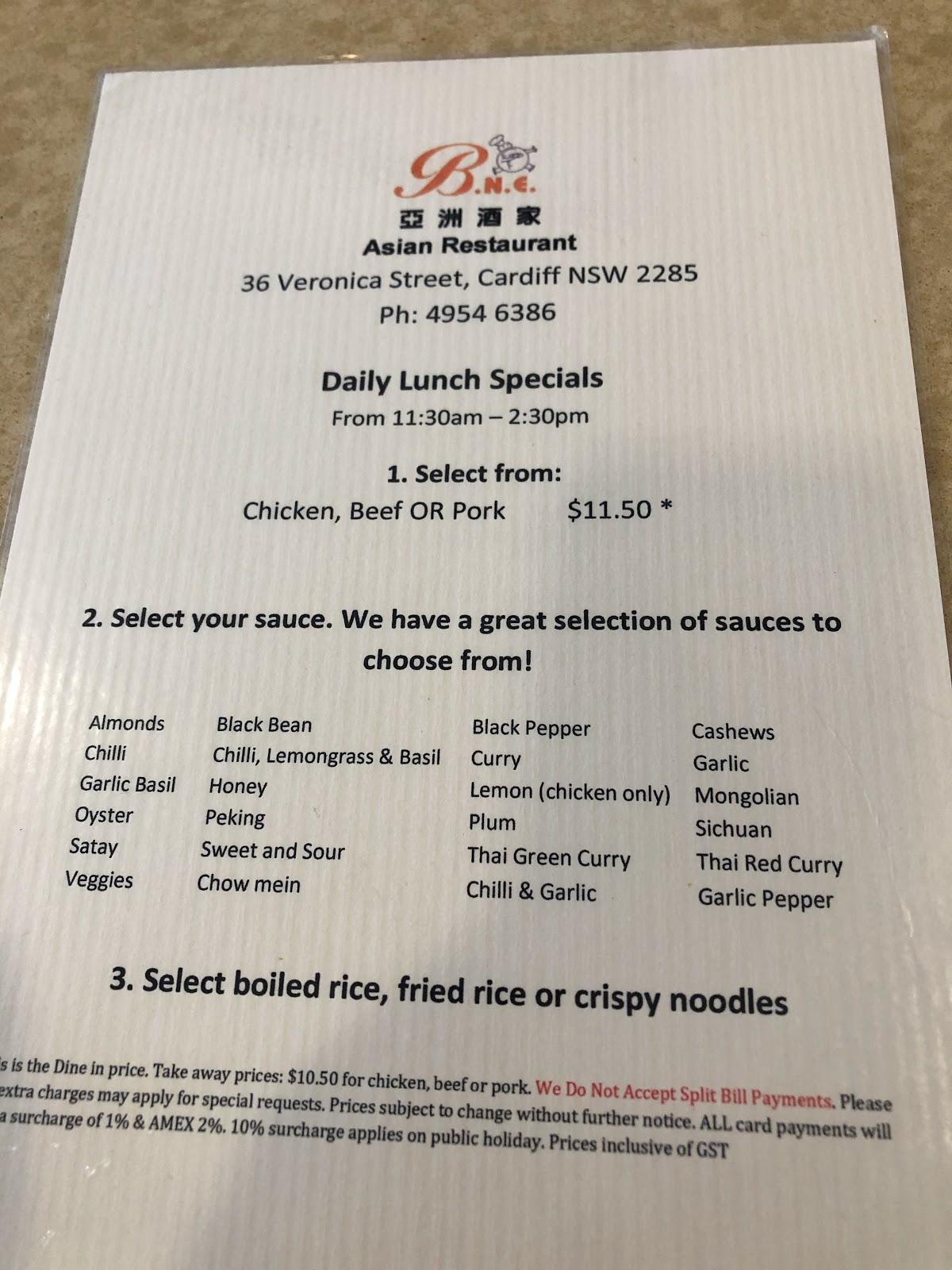 Menu at BNE Asian Restaurant, Cardiff