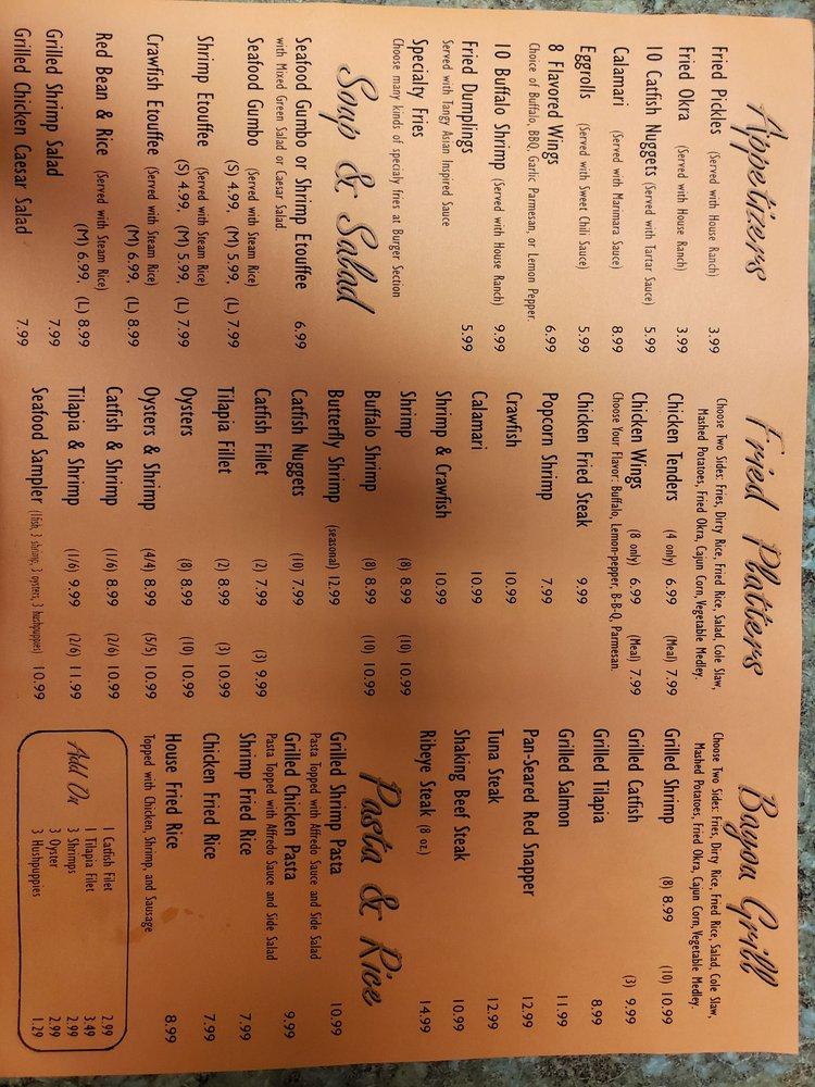 Menu at Bayou Grill restaurant, Pearland