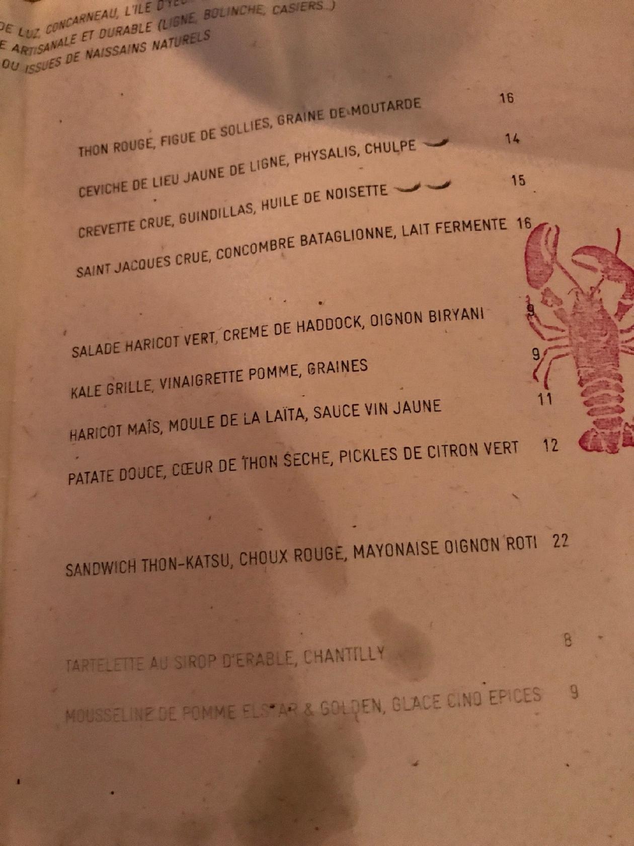 Menu at Clamato restaurant, Paris