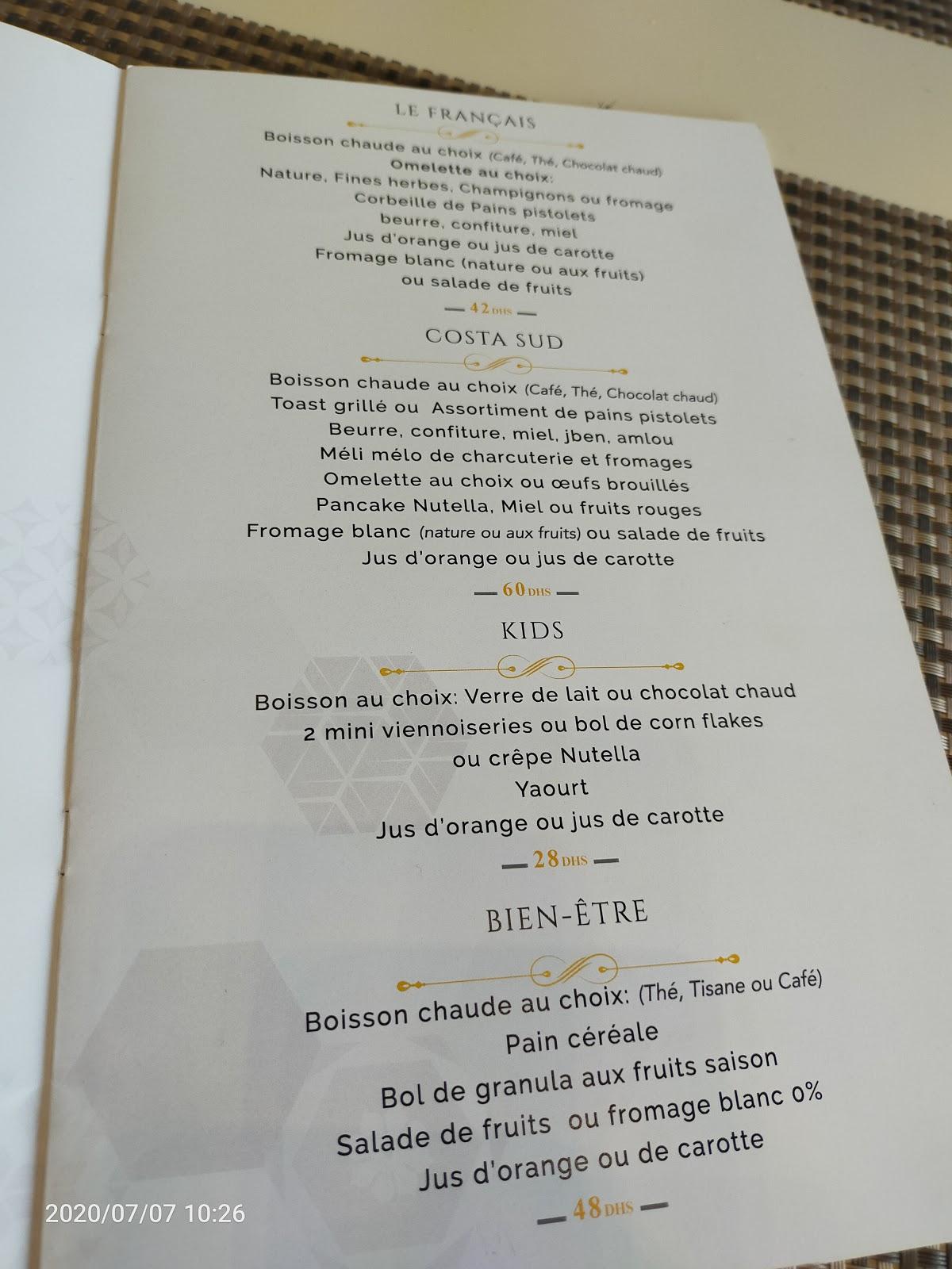 Menu at Costa Sud Café & Restaurant, Agadir
