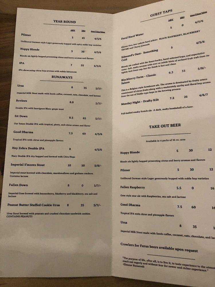 Menu at Ferus Artisan Ales pub & bar, Trussville