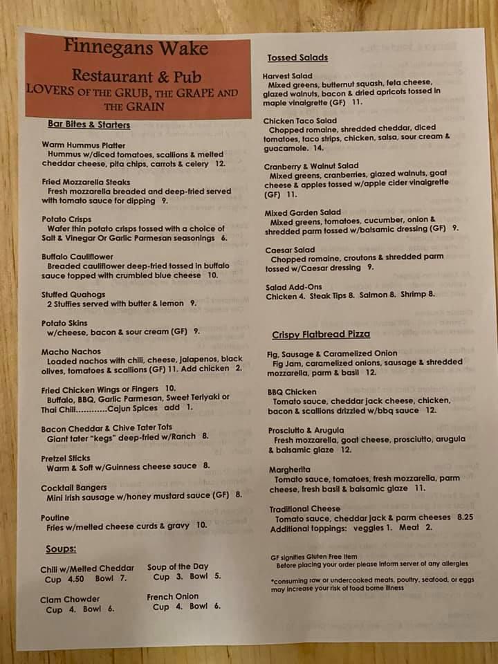Menu at Finnegan's Wake Restaurant and Pub, Walpole
