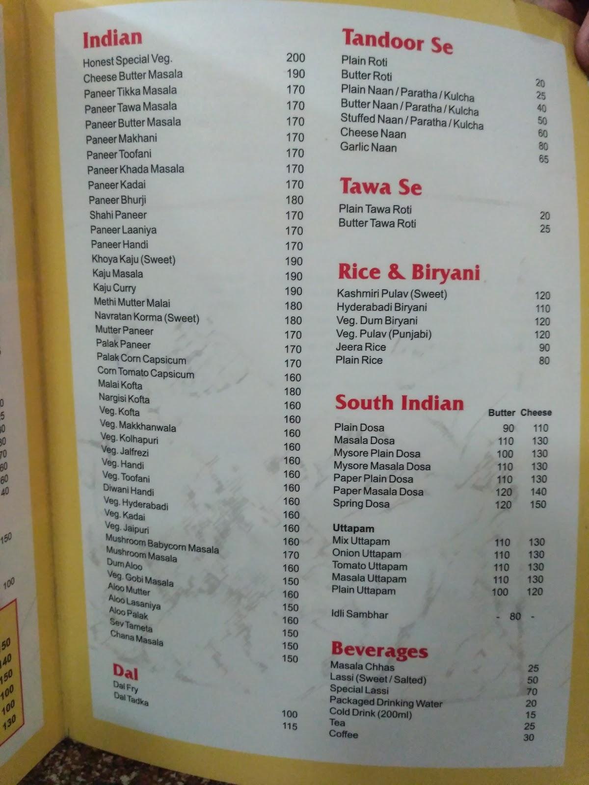 Menu at Honest Restaurant (Dhrangadhra), India, Dhangadhra Malvan