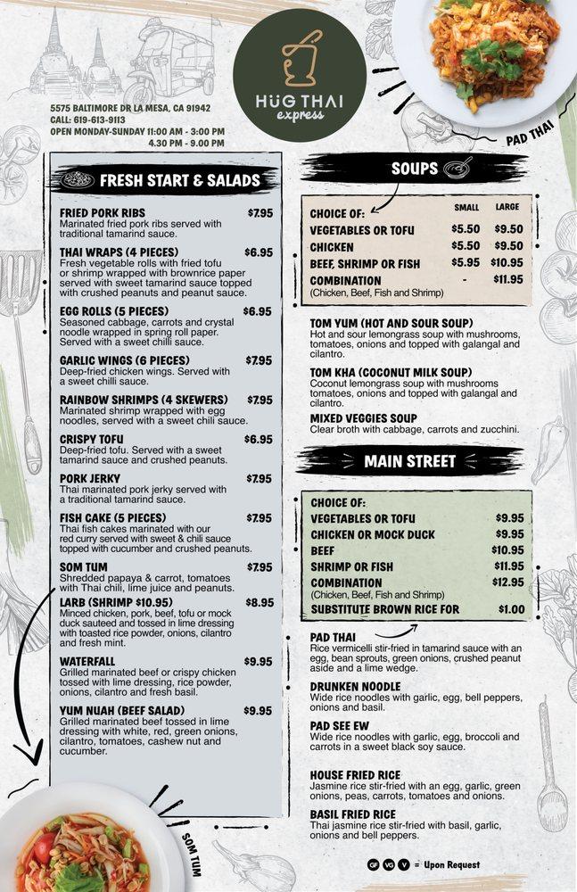 Menu at Hug Thai Express restaurant, La Mesa