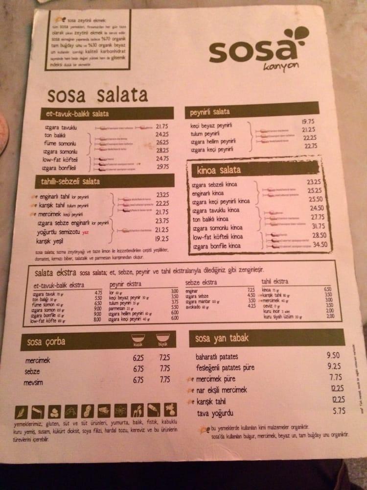 Menu at Sosa Kanyon, Istanbul, 185
