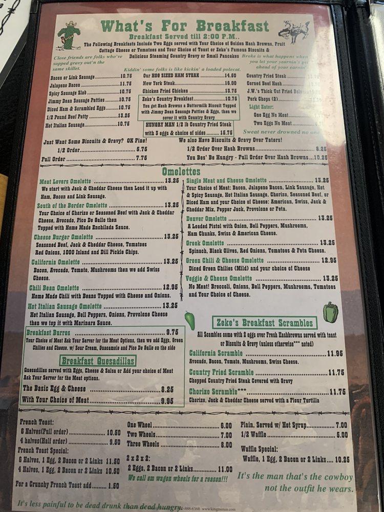 Menu at Zeke's Eatin' Place restaurant, Prescott