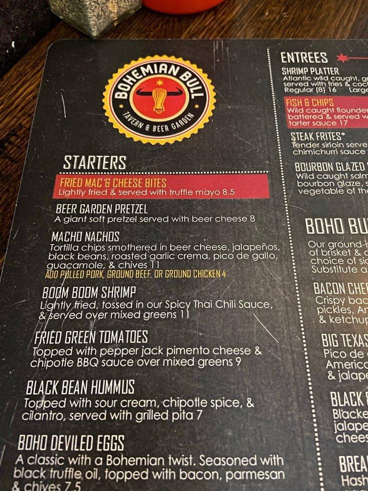 Menu at Bohemian Bull restaurant, Charleston