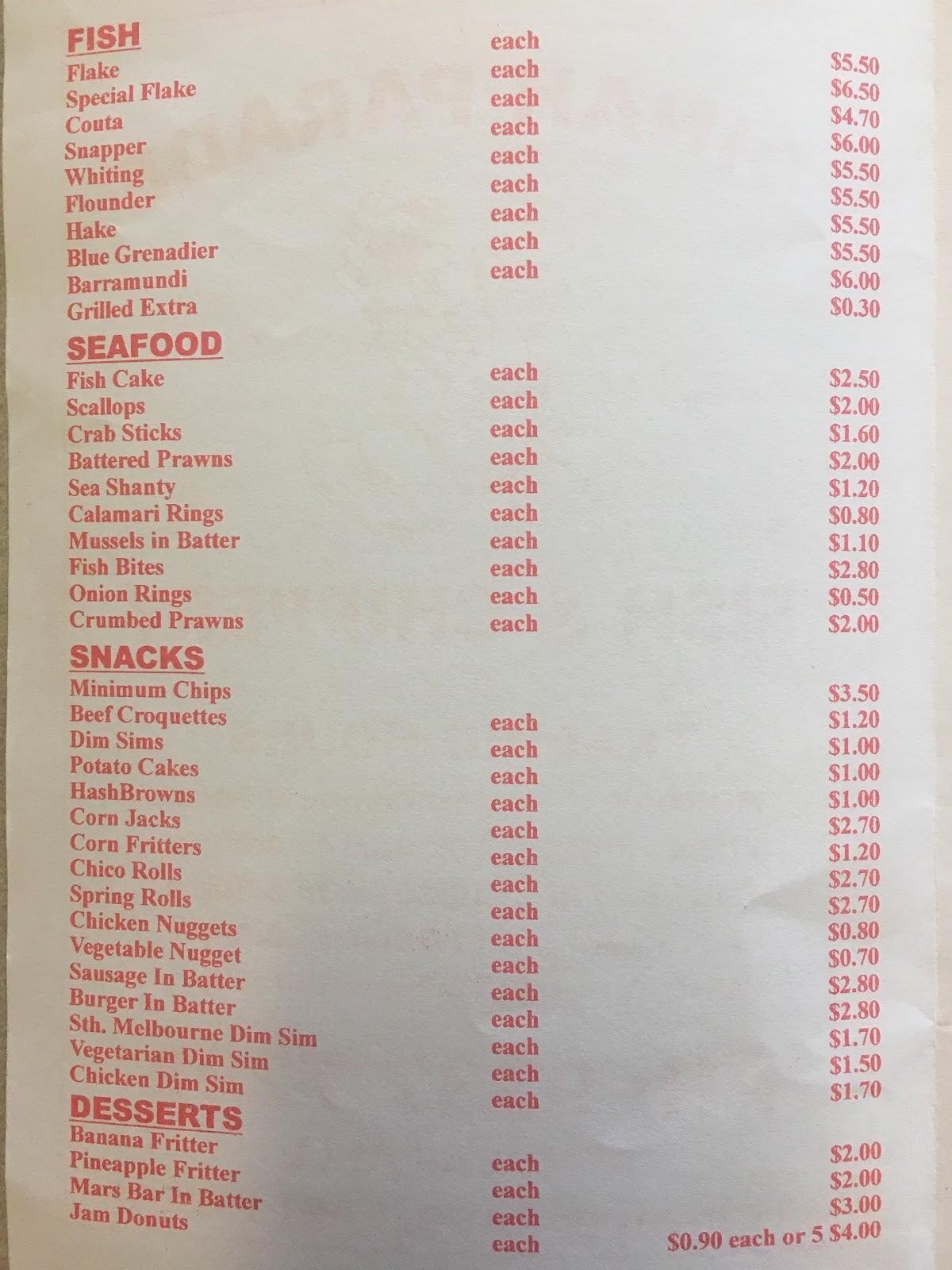 Menu at Dinah Parade Fish & Chippery fast food, Keilor East