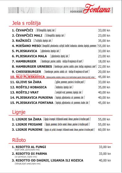 Menu at Fontana restaurant, Belišće