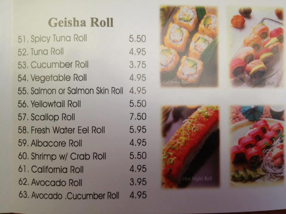 Menu at Geisha Sushi restaurant, River Edge