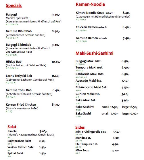 Menu at Kimchi To-Go restaurant, Vienna