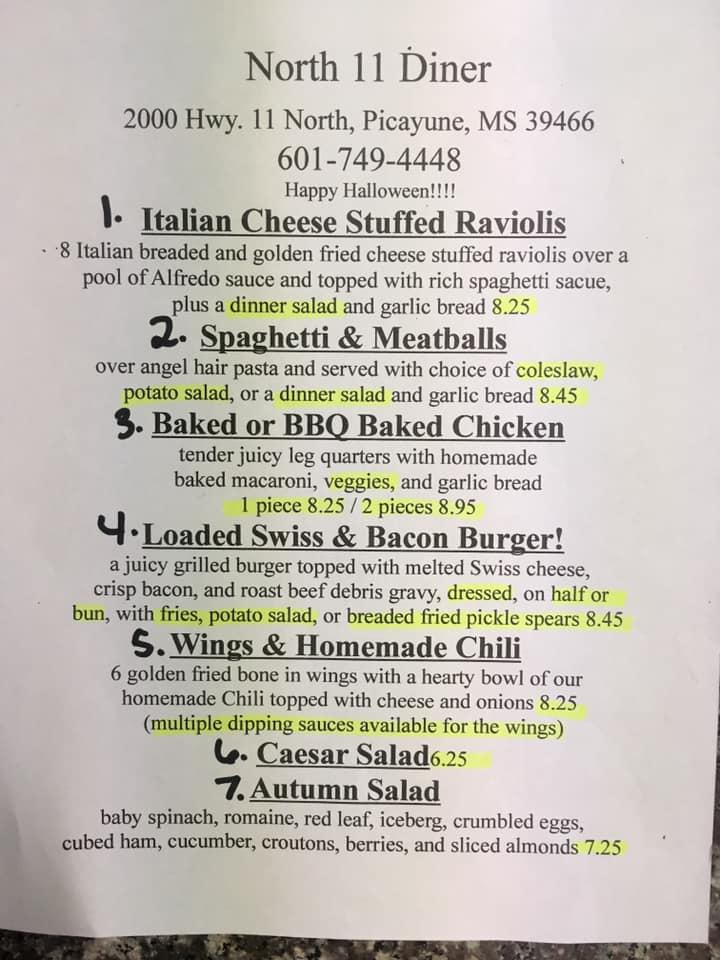 Menu at North 11 Diner restaurant, Picayune