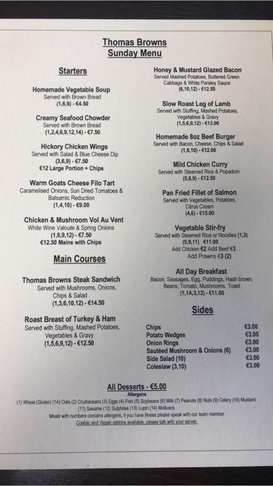 Menu at Thomas Browns Restaurant, Kanturk