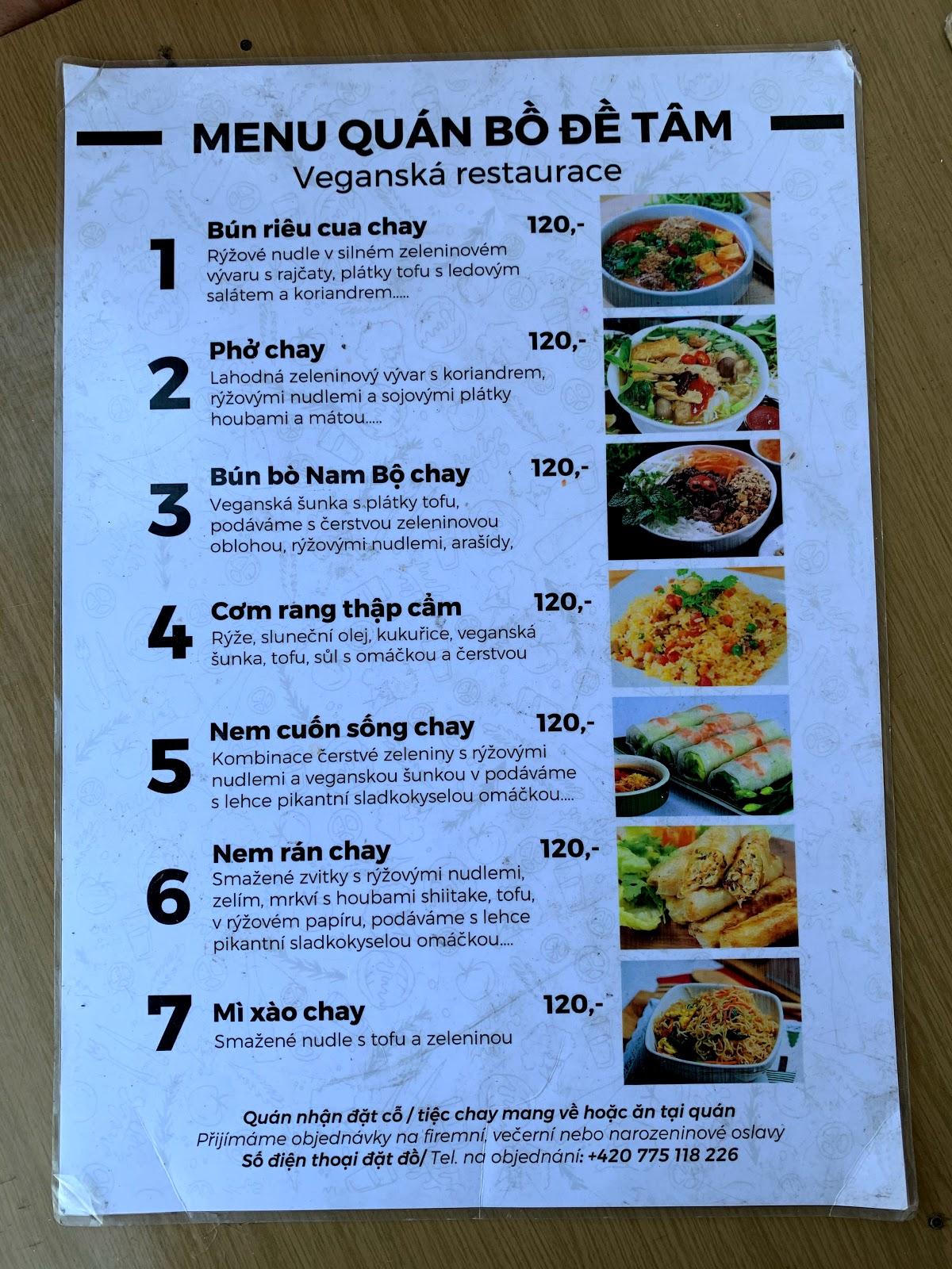 Menu at BO DE TAM restaurant, Prague