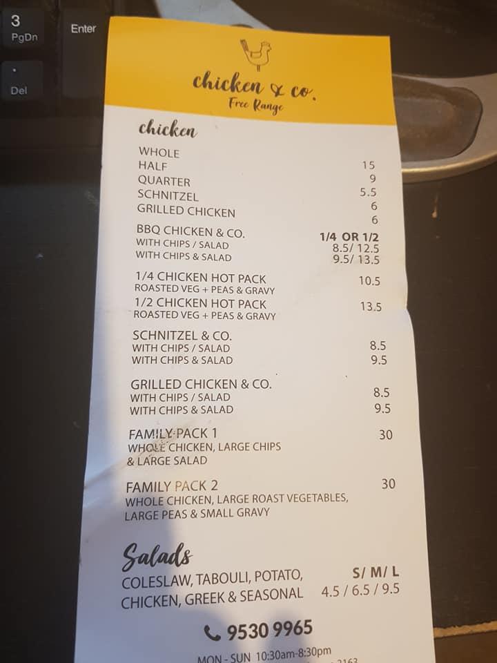 Menu at Chicken & Co restaurant, Murrumbeena