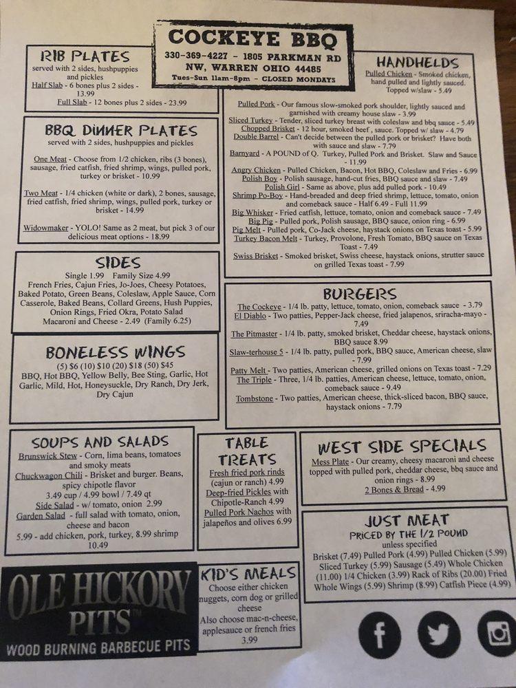 Menu at Cockeye BBQ, Warren