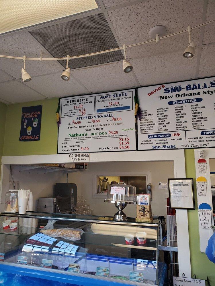 Menu at David's Sno-Balls cafe, Panama City Beach