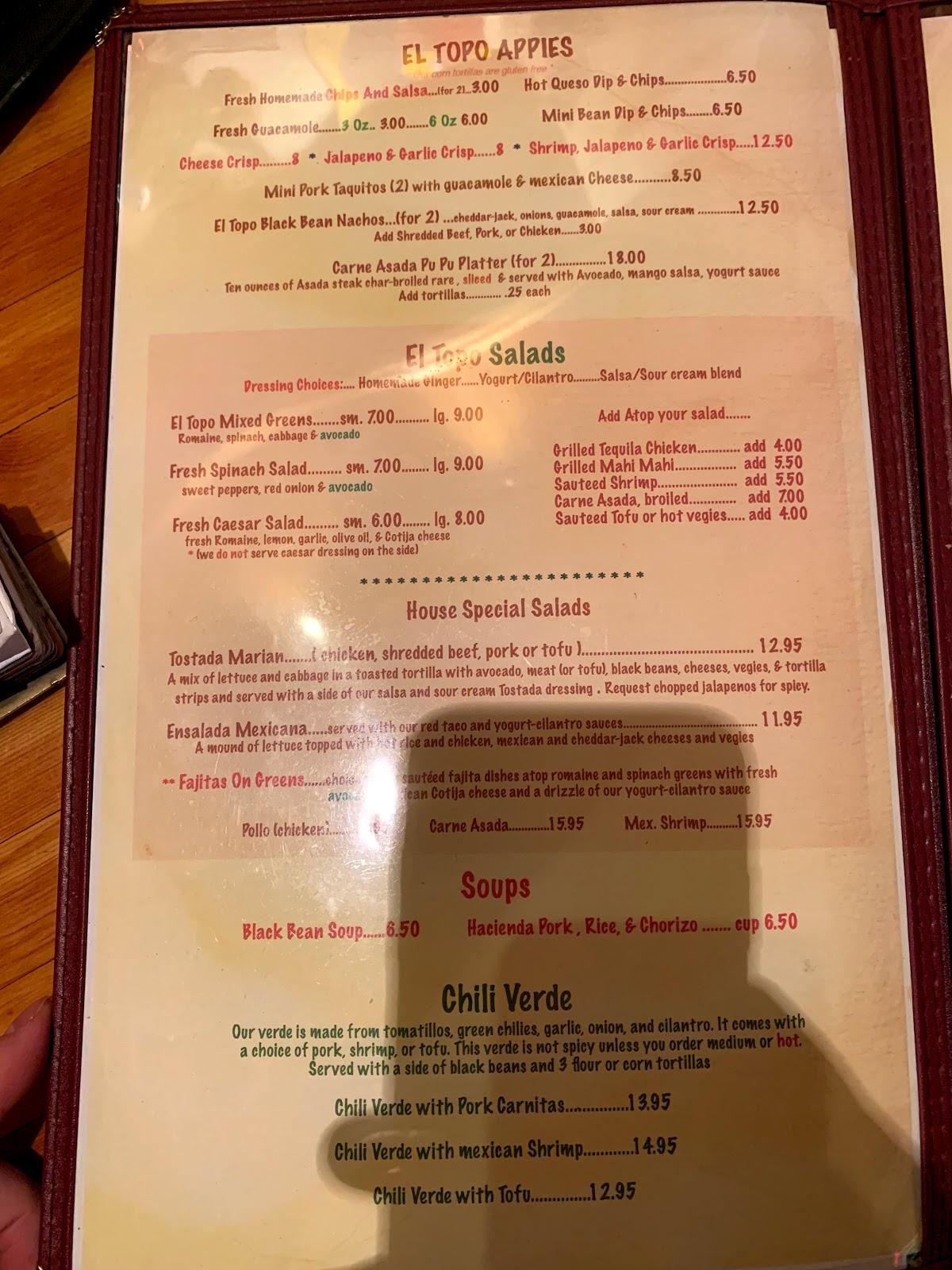 Menu at El Topo Cantina restaurant, Bigfork, Montana Hwy 35