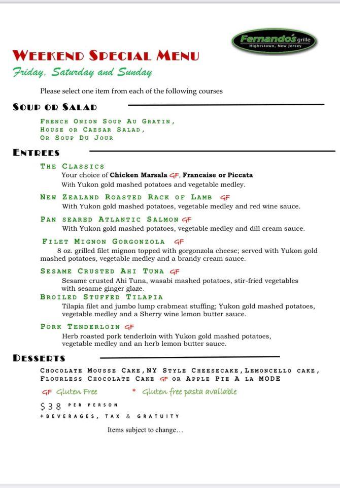Menu at Fernando's Grille restaurant, Hightstown