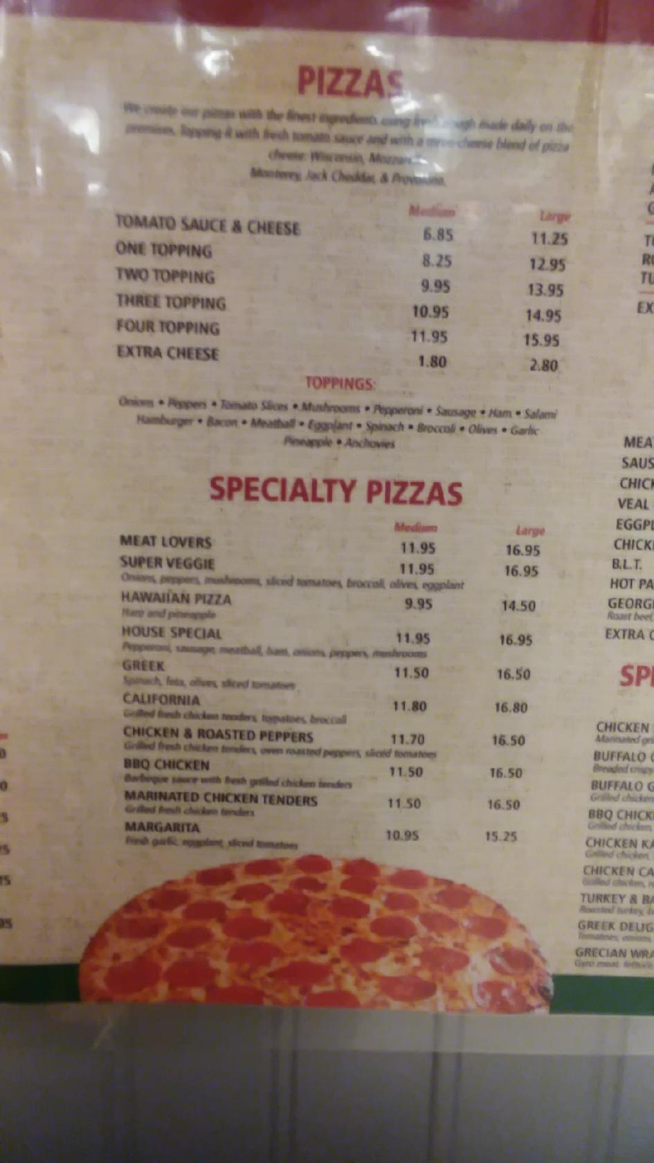 Menu at George’s Pizza pizzeria, Franklin