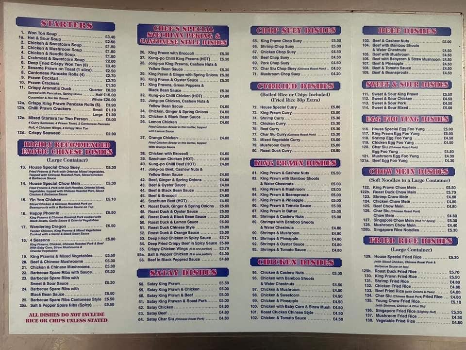 Menu at Happy Phoenix fast food, Nottingham