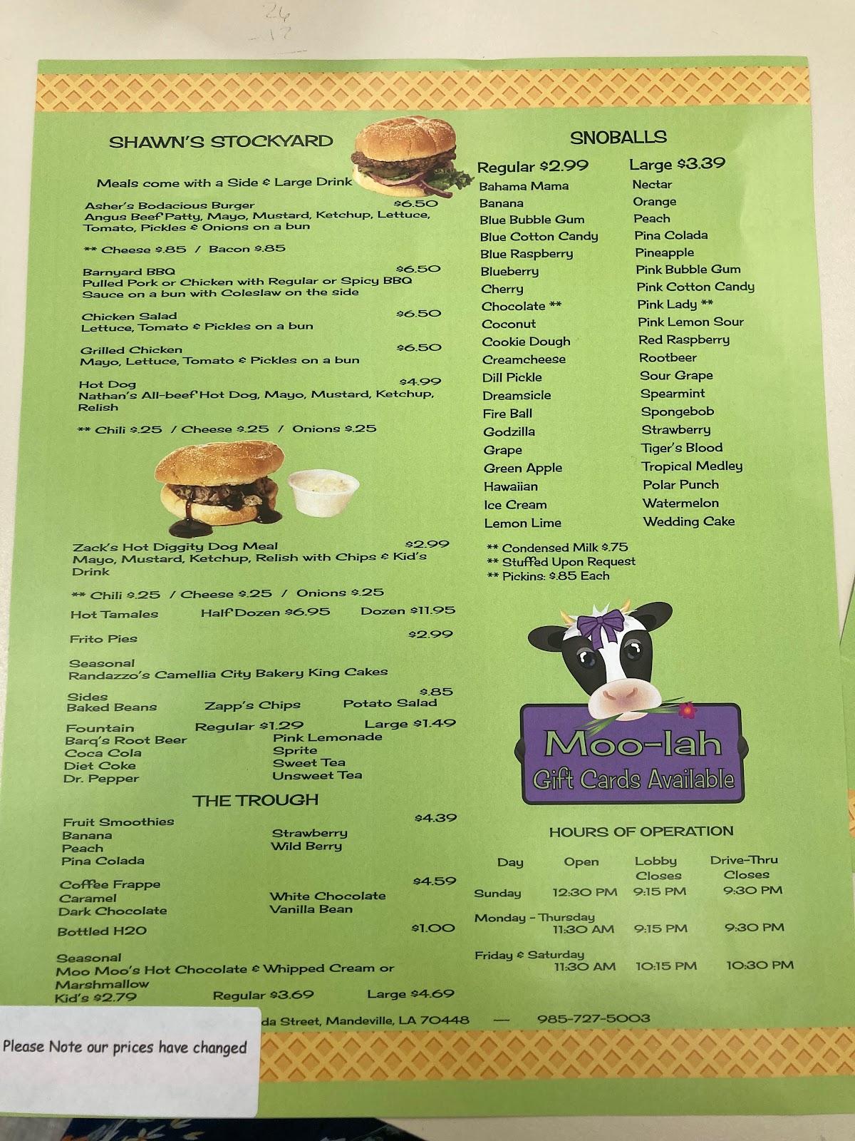Menu at Moo Moo's Frozen Custard, Mandeville