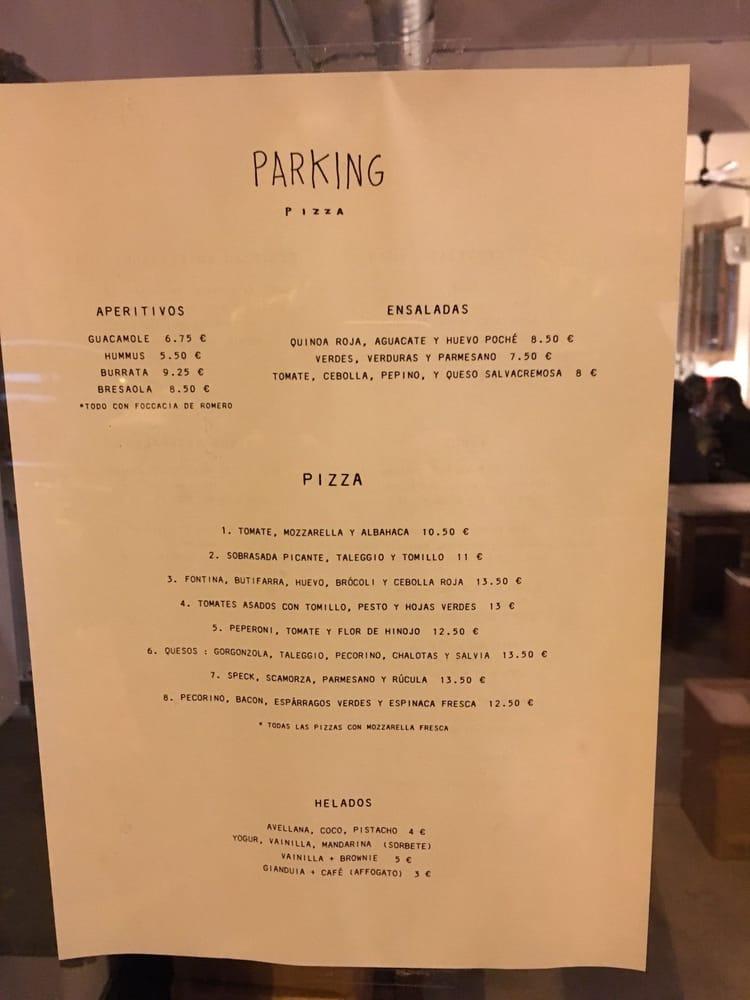 Menu at Parking Pizza pizzeria, Barcelona, Carrer de Londres