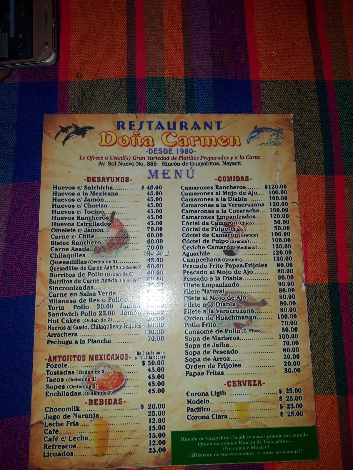 Menu at RESTAURANT DOÑA CARMEN, La Peñita de Jaltemba