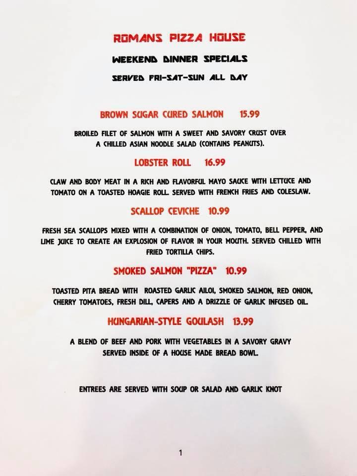 Menu at Roman`s Pizza House pizzeria, North Cape May