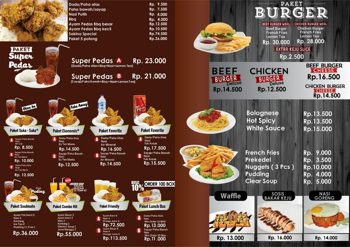 Carta del restaurante Sakina Chicken & Burger PCI, Cilegon