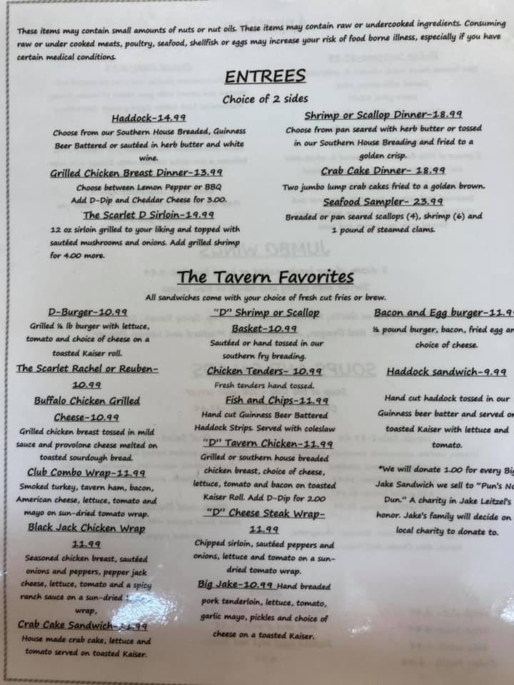 Menu at Scarlet D pub & bar, Mifflinburg