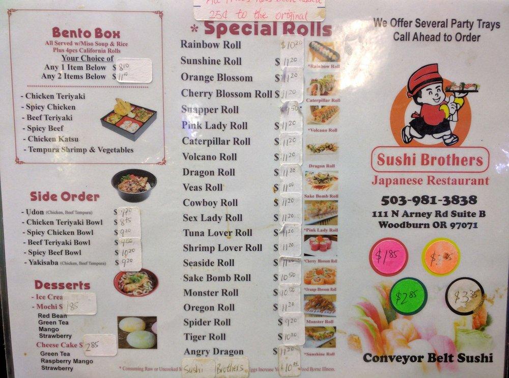Menu at Sushi Brothers restaurant, Woodburn