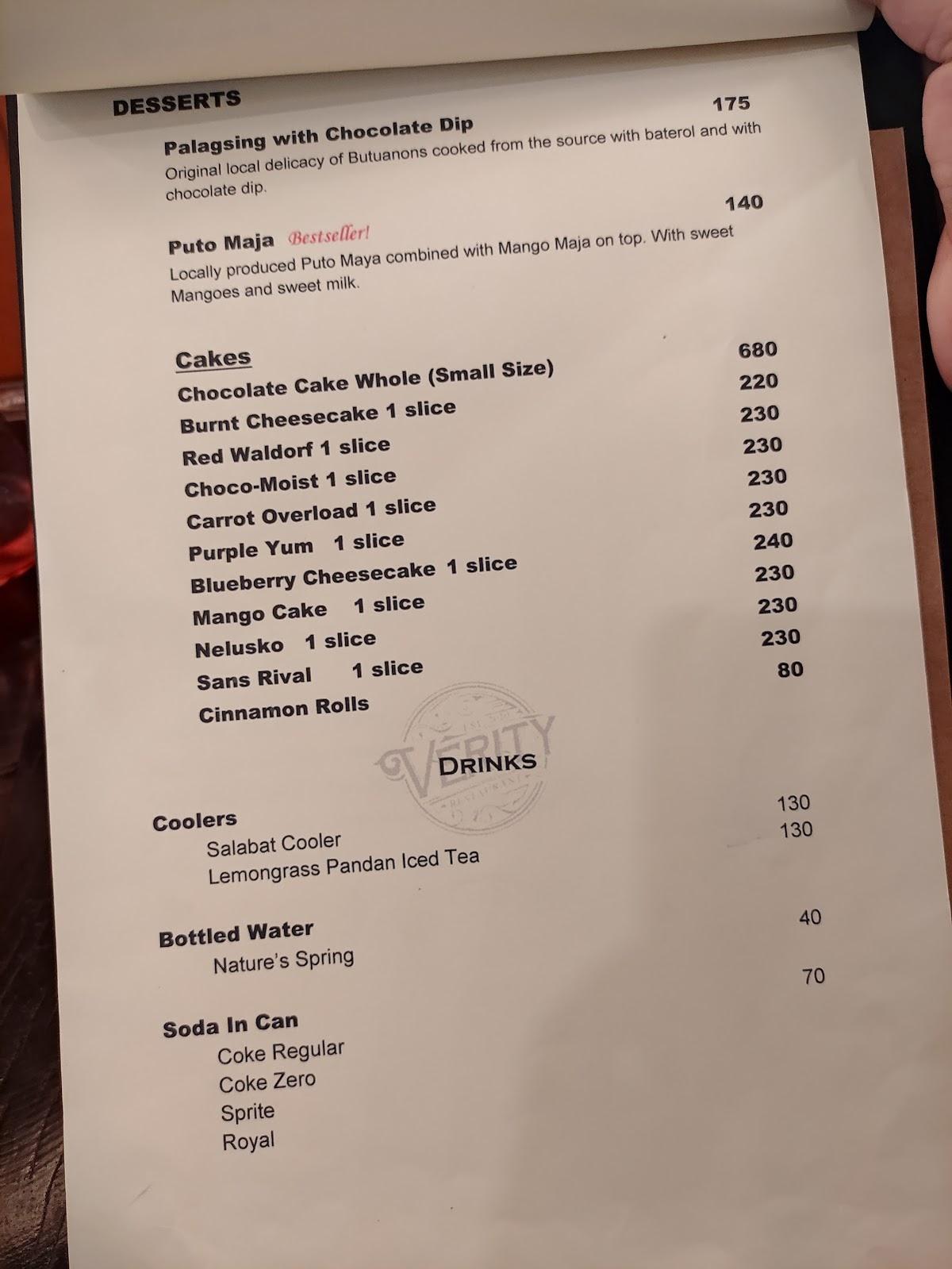 Menu at Verity Restaurant, Butuan City, SM