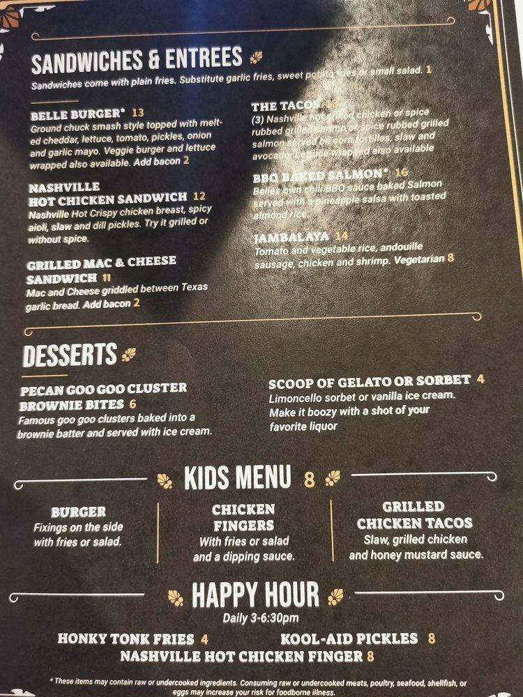 Menu at Belle's Nashville Kitchen restaurant, Scottsdale
