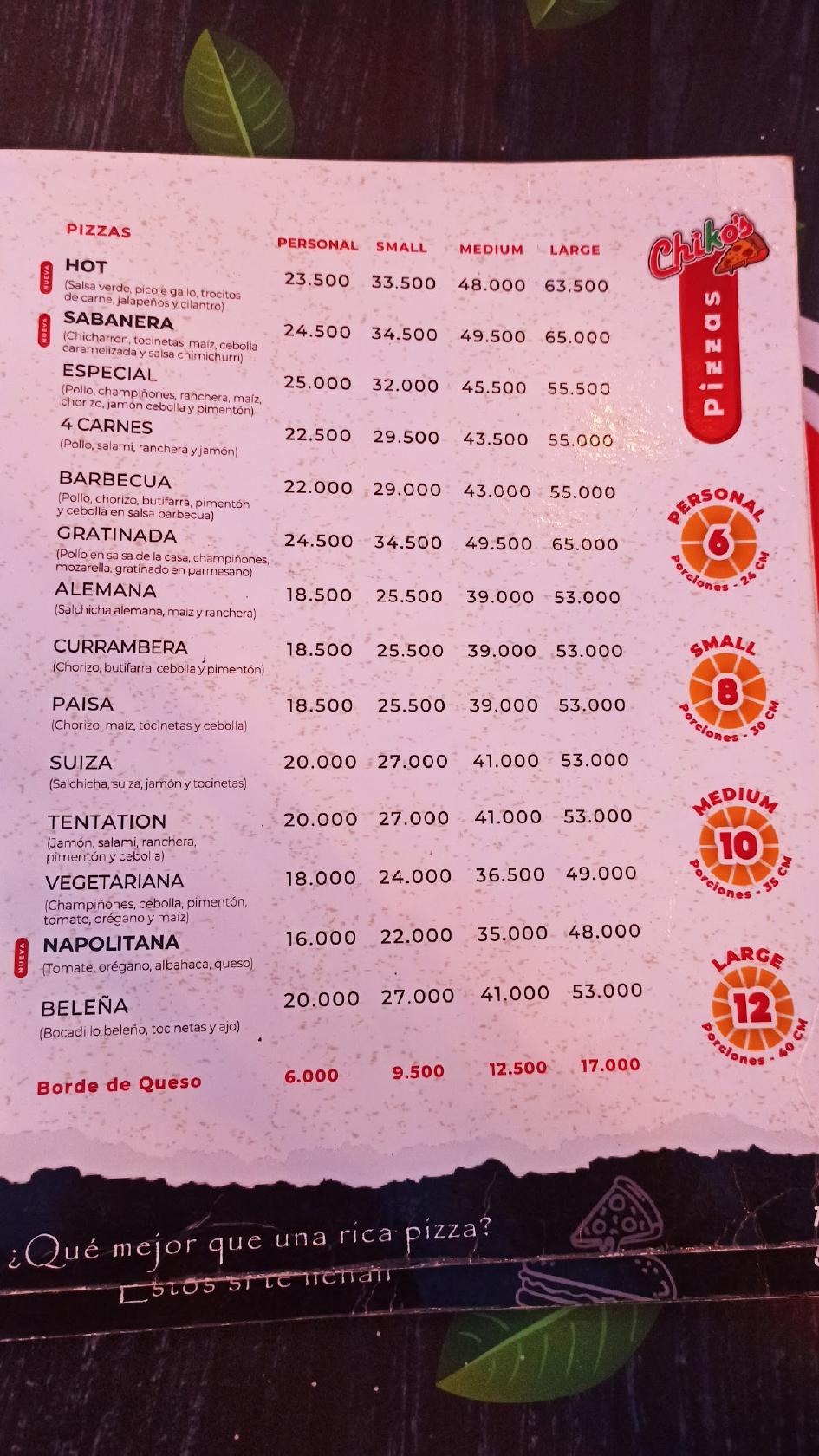 Carta del restaurante Chikos Pizza - Villa Carolina, Barranquilla