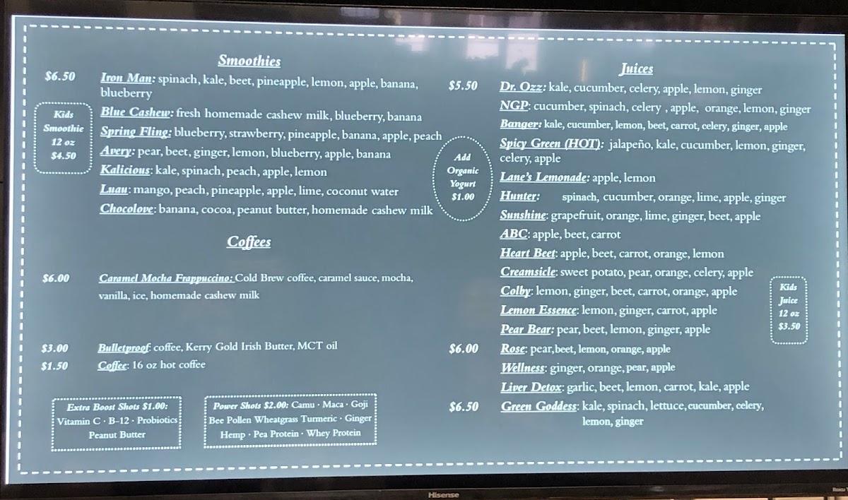 Menu at Next Generation Health foods & juice bar, Kerrville