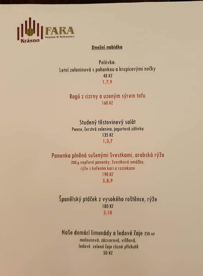 Menu at Penzion a restaurace Fara pub & bar, Krásno