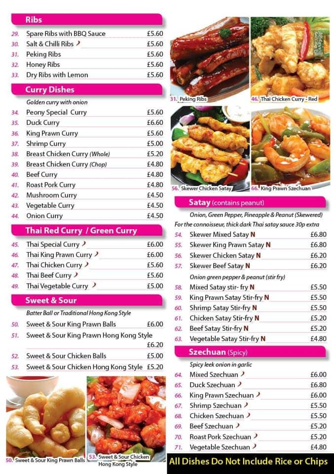 Menu at Peony fast food, Glasgow