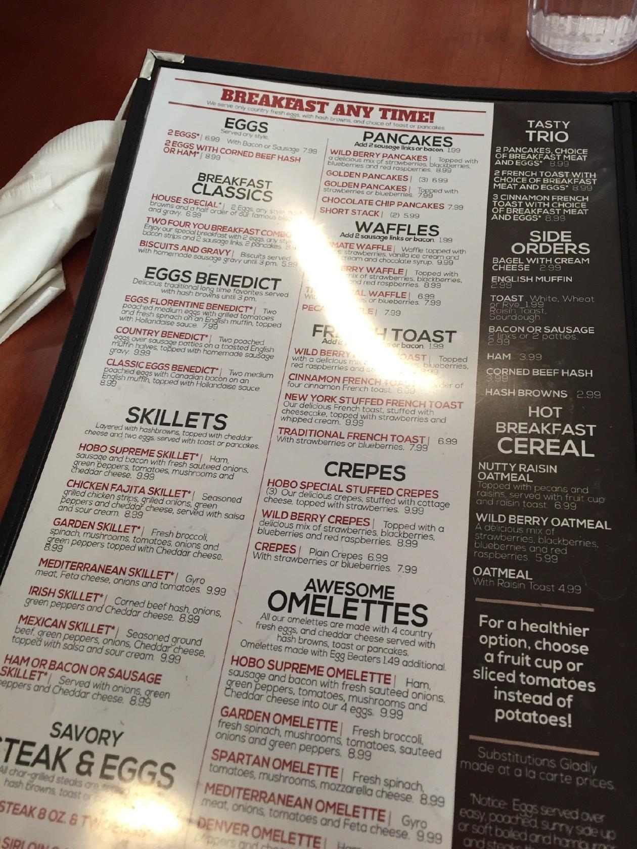 Menu at Sir Hobo’s restaurant, Sun Prairie