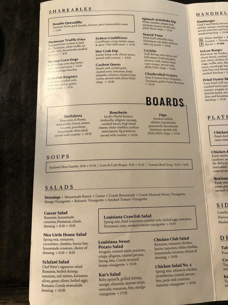 Menu at SoLou restaurant, Baton Rouge