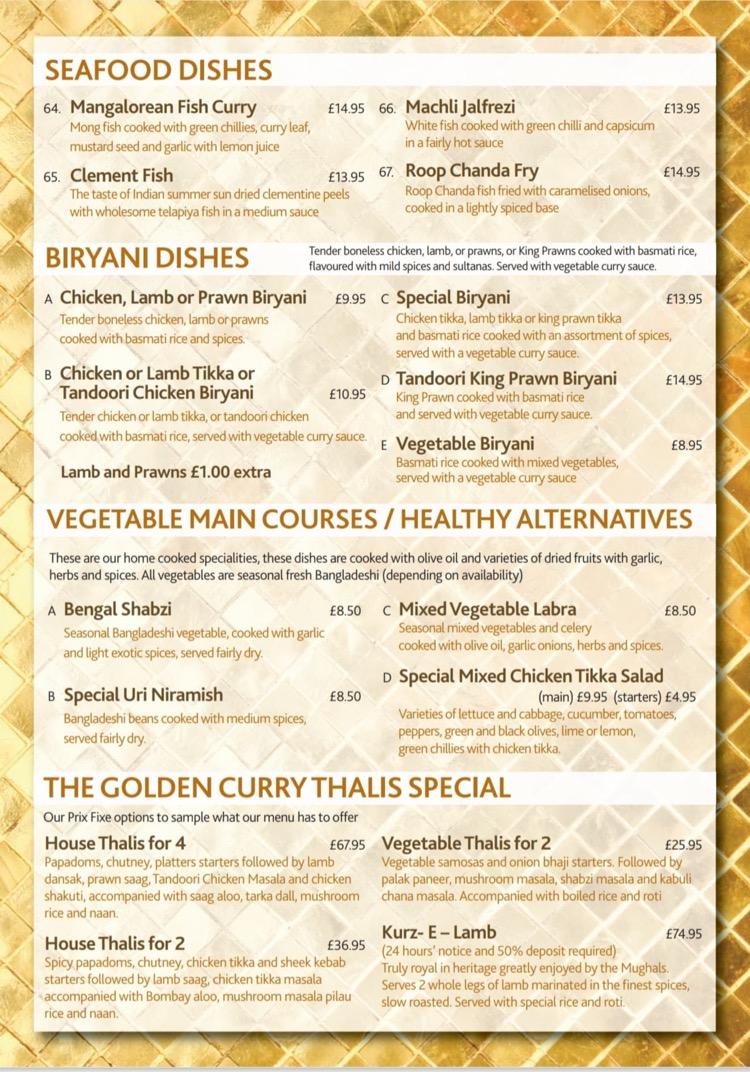 Menu at The Golden curry restaurant, The Mumbles