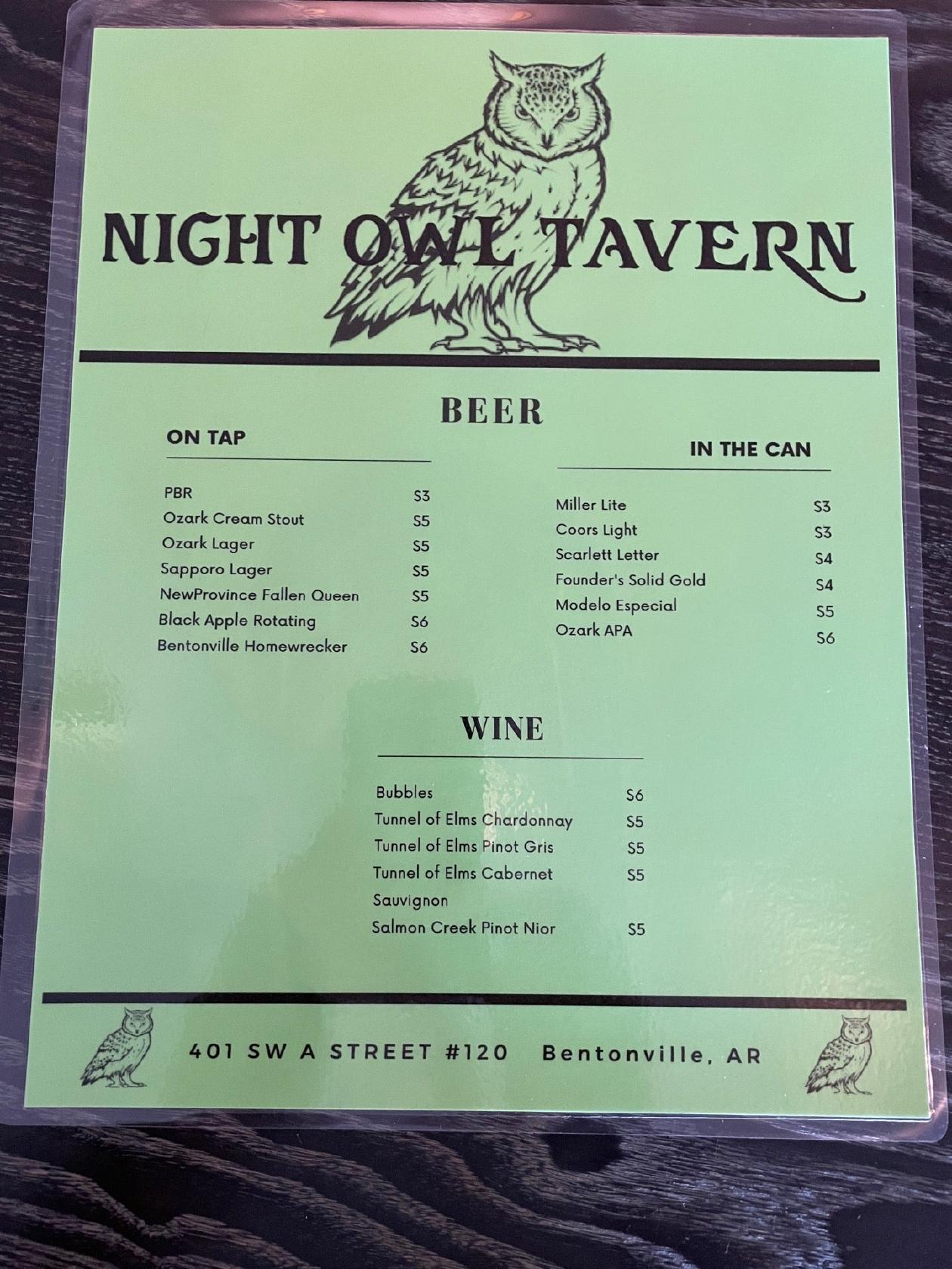 Menu at Night Owl Tavern pub & bar, Bentonville, 401 SW A St #120