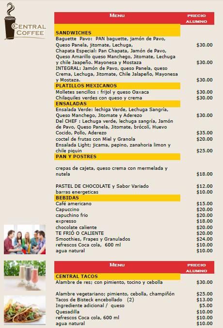 Menu at Central Coffee cafe, Mexico City, Av. Granjas 800 Col. Pueblo ...