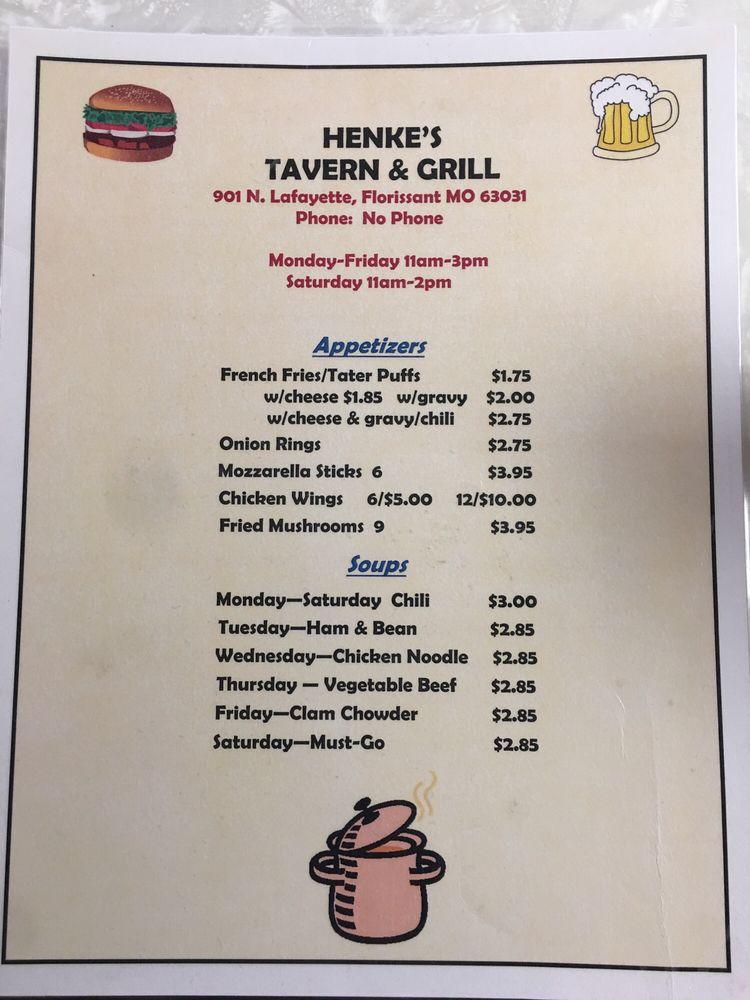 Menu at Henkes Tavern pub & bar, Florissant