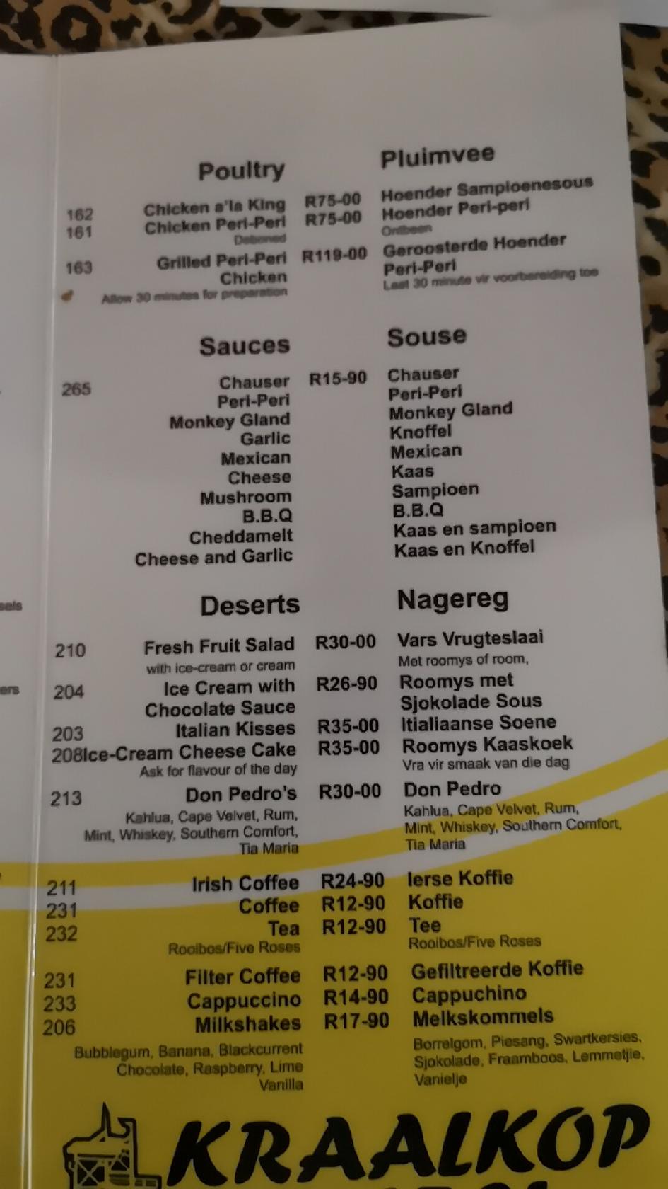 Menu at Kraalkop Hotel restaurant, Fochville
