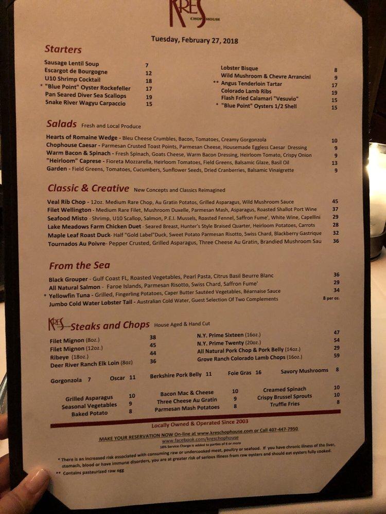 Menu at Kres Chophouse pub & bar, Orlando