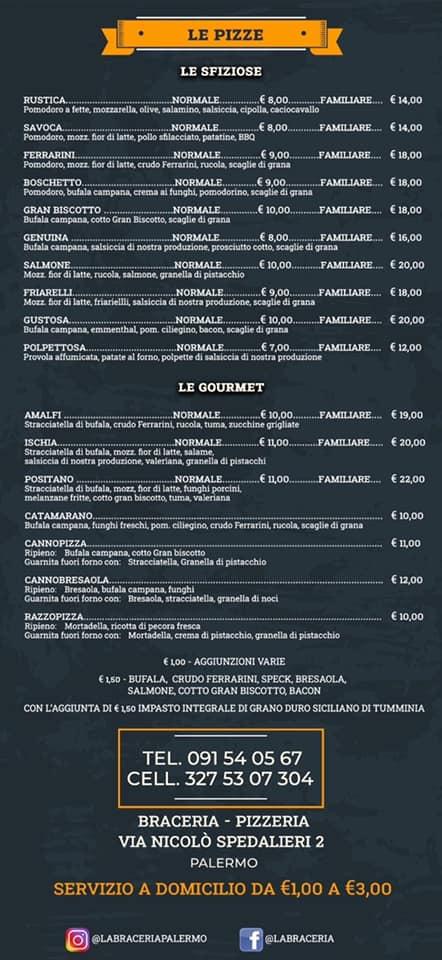 Menu at La Braceria restaurant, Palermo, Via Nicoló Spedalieri